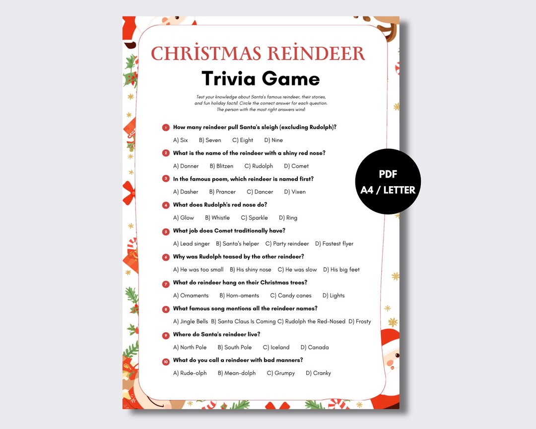 Christmas Reindeer Trivia Game Printable | Family Holiday Party ...