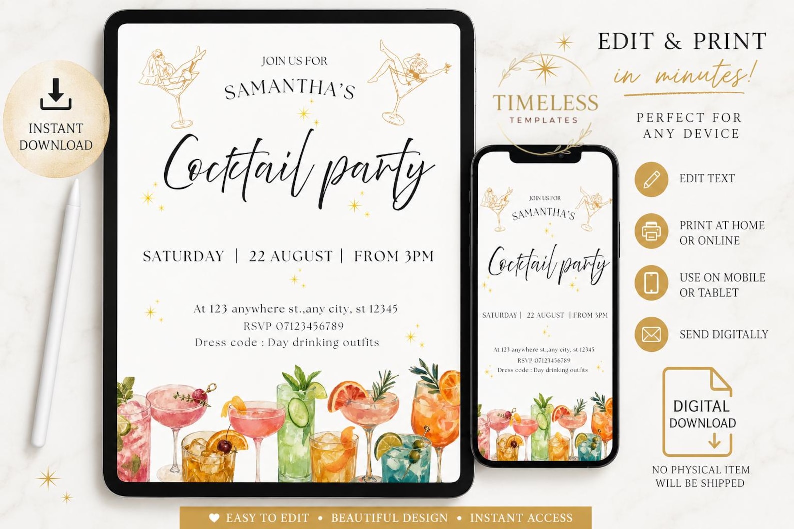 Cocktail Party Invitation Canva Template | Editable Template | Elegant ...