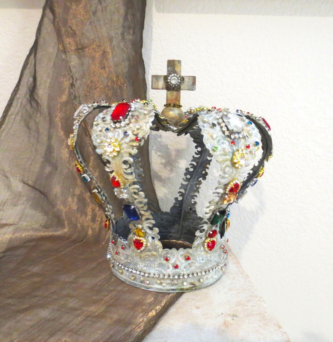 Jeweled Royal Crown With Cross Decorative French Style Antiqued Large ...