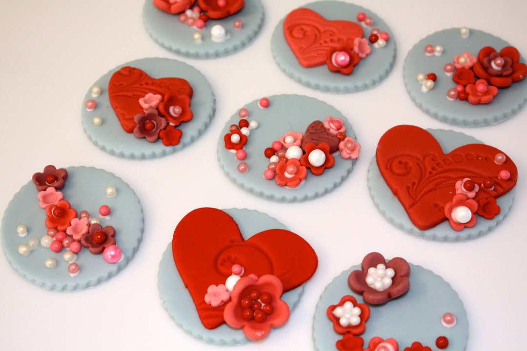 ROMANTIC HEART and LOVE - Fondant Cupcake, and Cookie Toppers - 1 Dozen ...