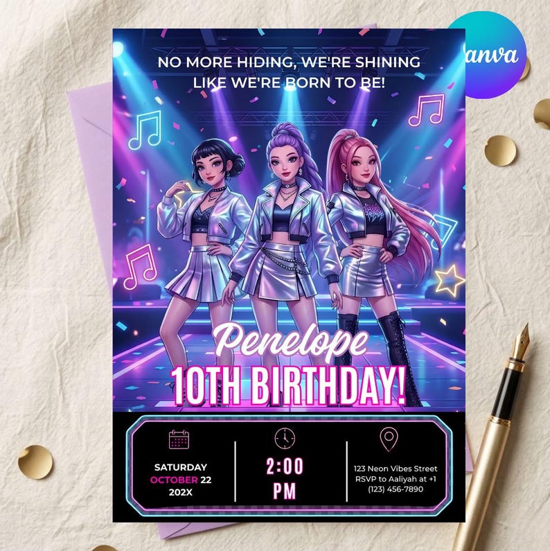 K-pop Demon Hunters Birthday Invitation, Editable Canva Template for ...