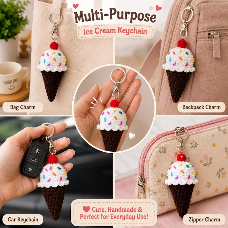 Crochet Ice Cream Cone Keychain Pattern | Amigurumi Bag Charm (PDF ...