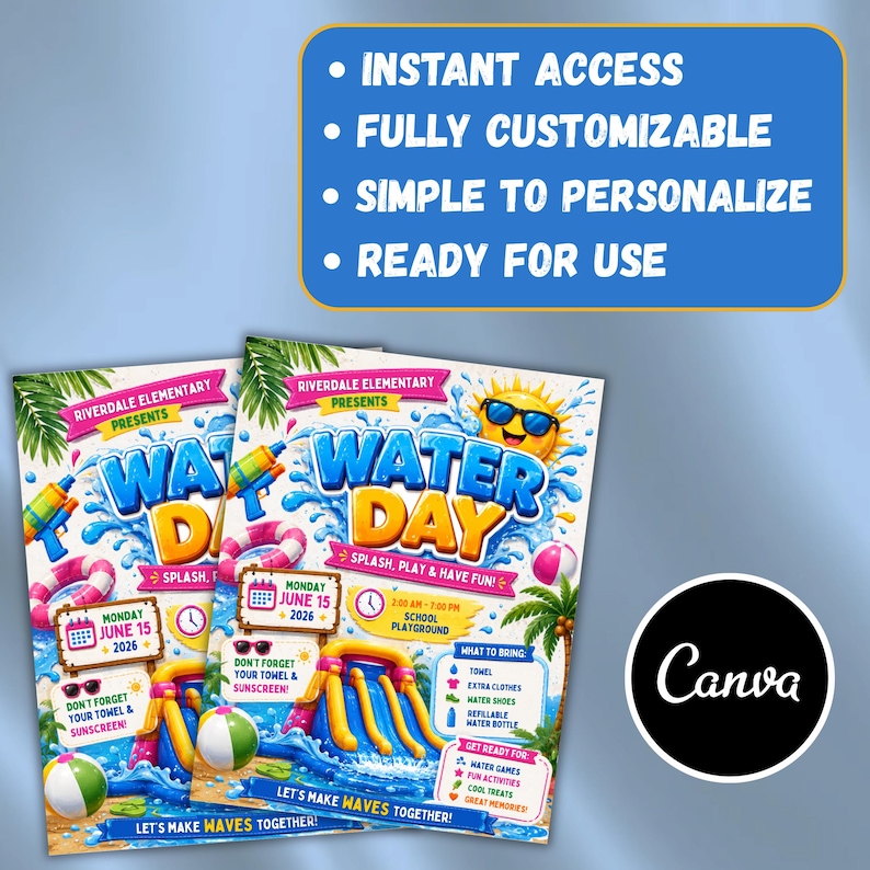 Water Day Flyer Template | Editable Canva Splash Day Poster (8.5x11 ...