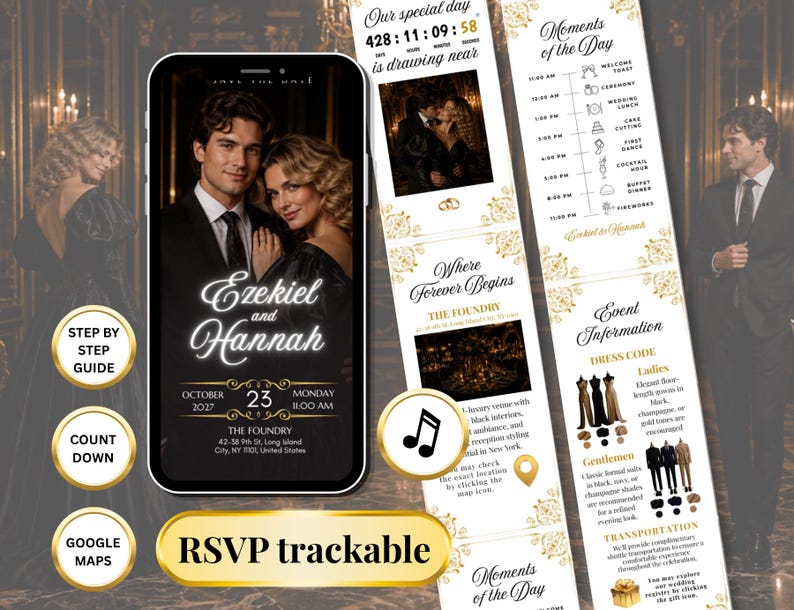 Wedding Invitation Digital Black Gold Digital RSVP Music Customizable ...