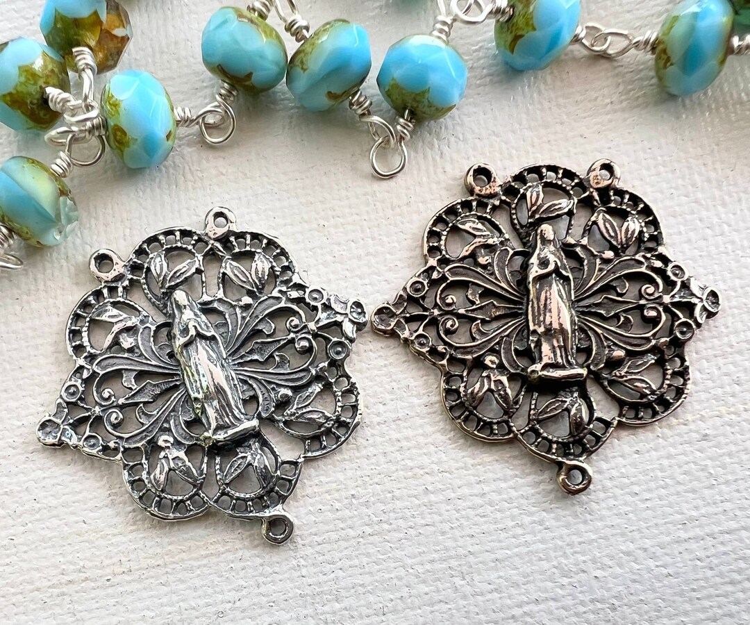 Virgin Mary Rosary Centerpiece Ornate Scroll Work Sterling Silver ...