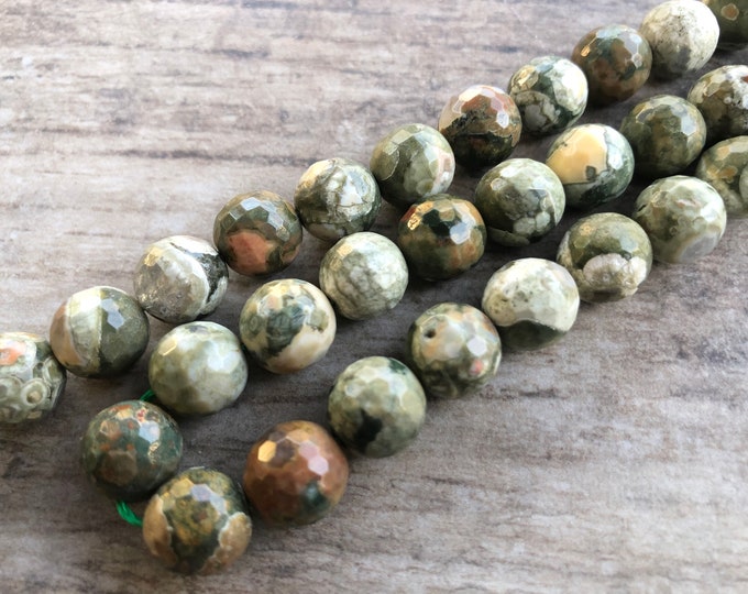 Faceted Rhyolite Rain Forest Jasper, 10mm Round Beads Full Strand 40pc ...