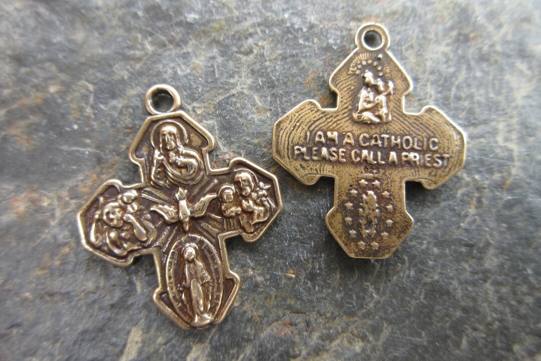 Scapular Medal 4 Way Cross Pendant Pure Bronze Oxidized Charm Vintage ...