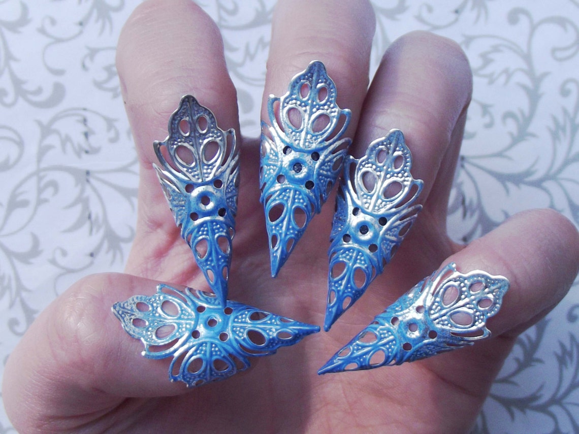 Color Tipped Silver Leaf Claws // Set of 5 // Green Blue - Etsy