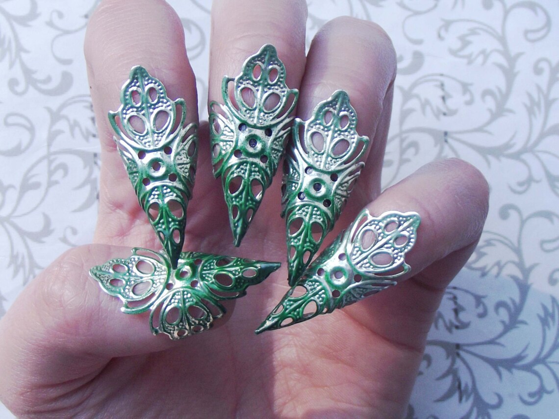 Color Tipped Silver Leaf Claws // Set of 5 // Green Blue - Etsy