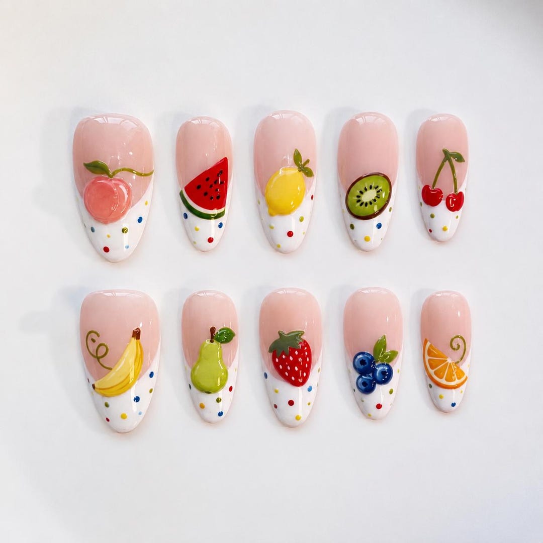 Summer Fruit Press on Nails | White French Tip Long Almond Nail Set ...