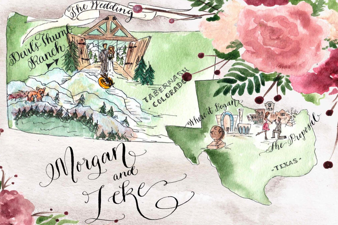 Whimsical Wedding Map Love Story Map Custom Illustration for Bride and ...