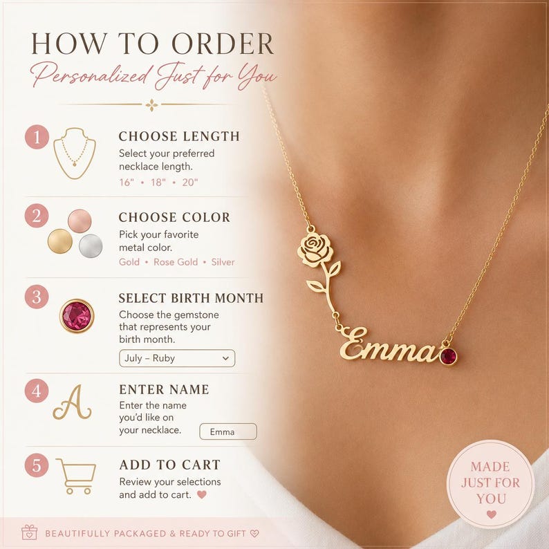 Personalized Name Necklace, Birth Flower Floral Pendant, Gold Silver ...