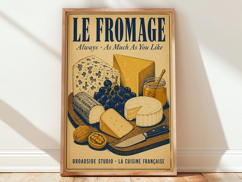 French Cheese Board Art Print — Vintage Le Fromage Poster, Kitchen ...