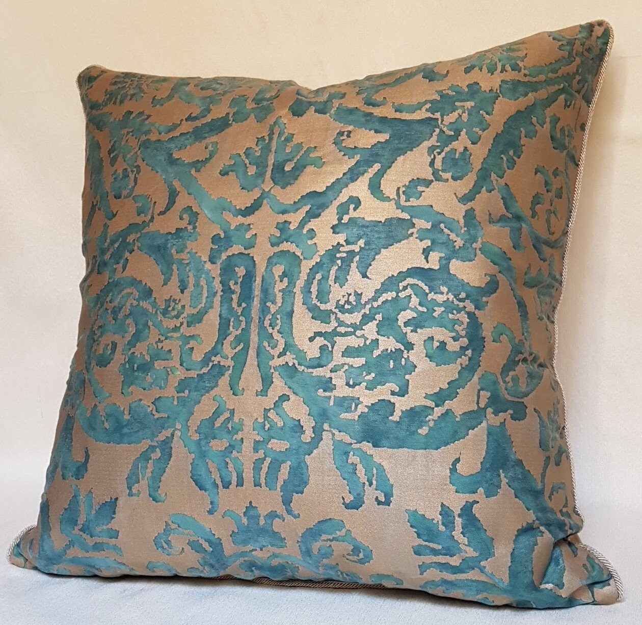 Fortuny Fabric Throw Pillow Cushion Cover Blue-green & Silvery Gold ...