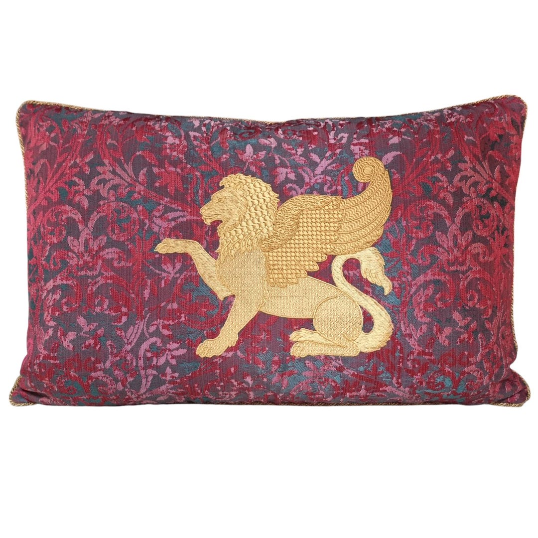 Winged Lion Embroidered Pillow Case Red Brocade Fabric - Handmade in ...