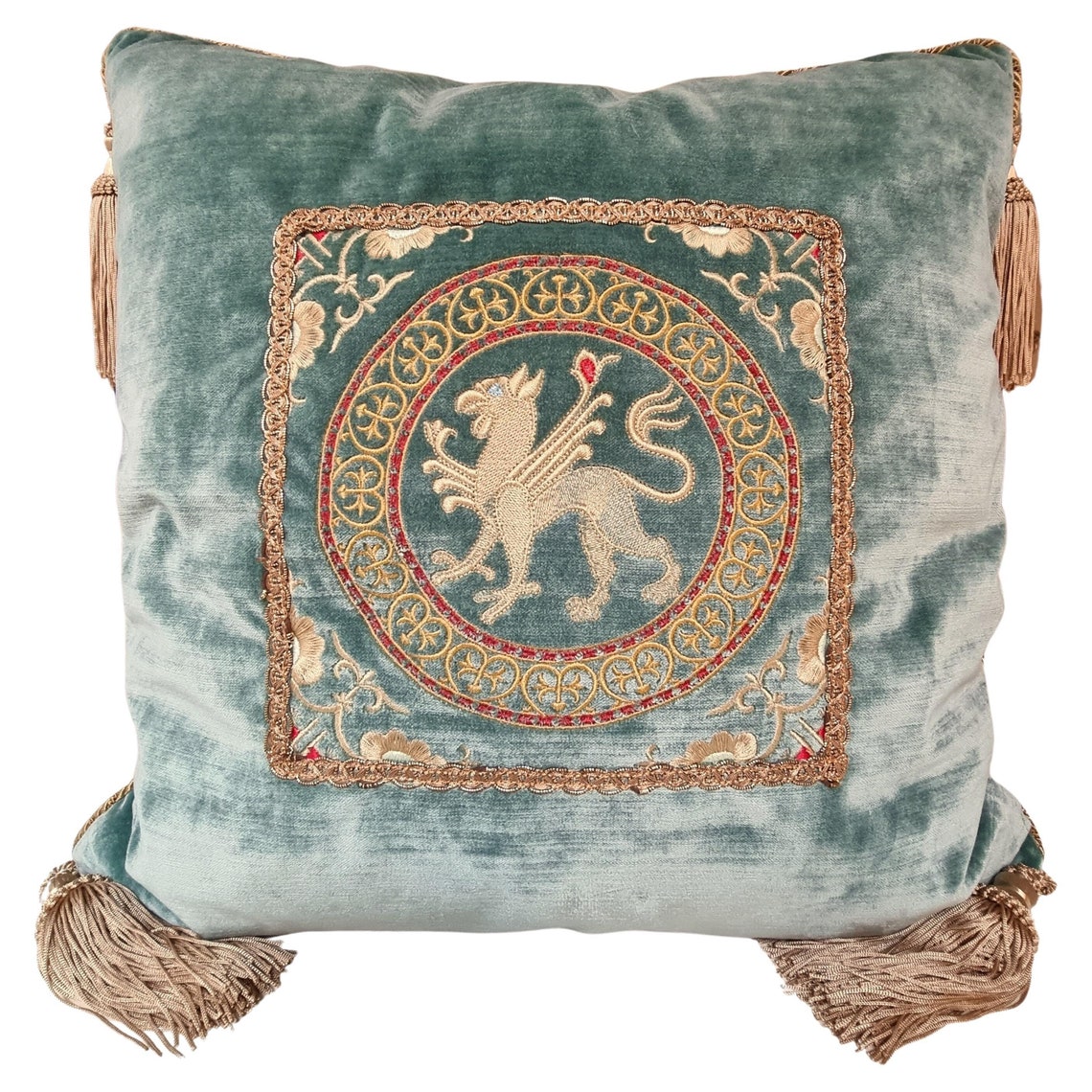 Decorative Embroidered Aqua Rubelli Velvet Pillow Case With Corner ...