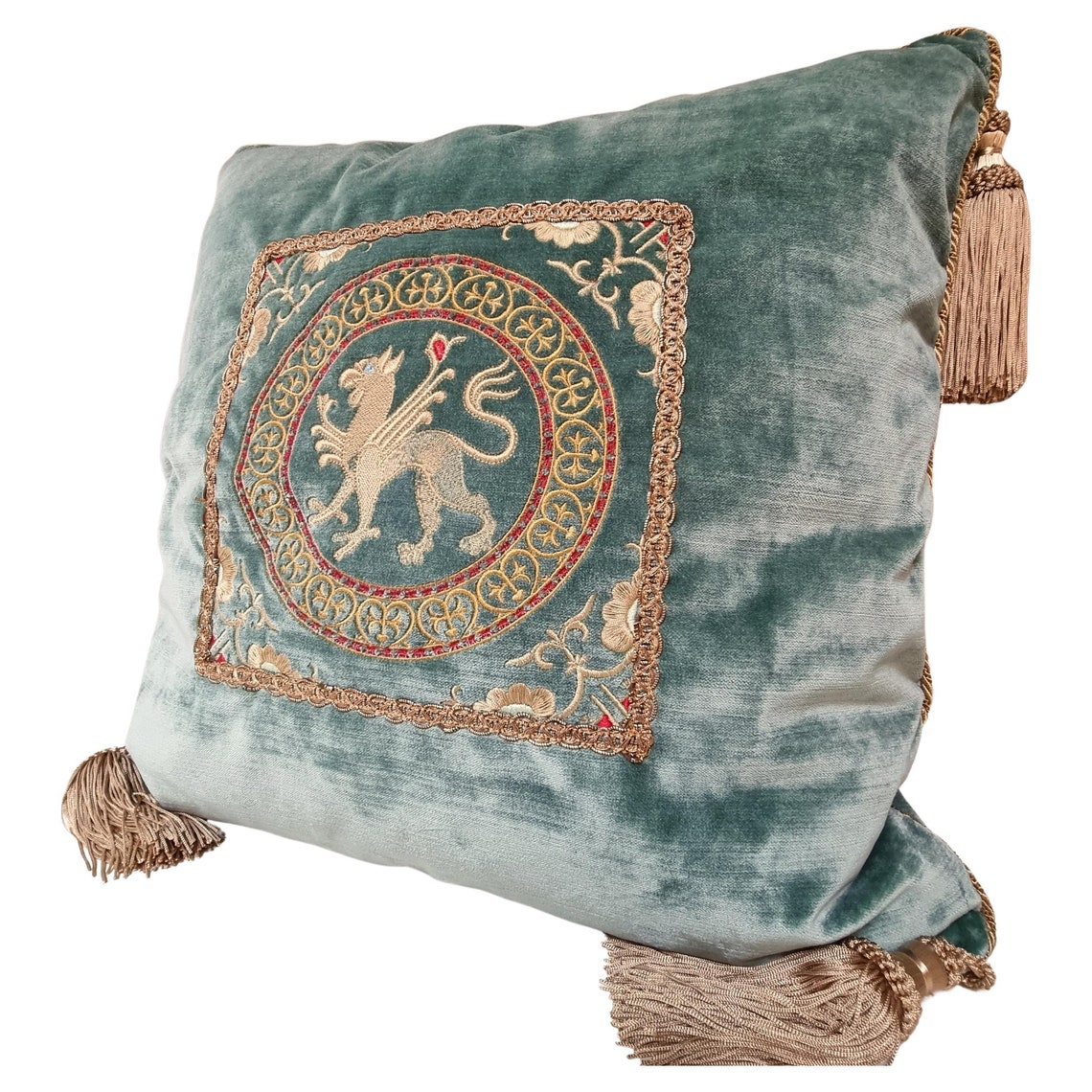 Decorative Embroidered Aqua Rubelli Velvet Pillow Case With Corner ...