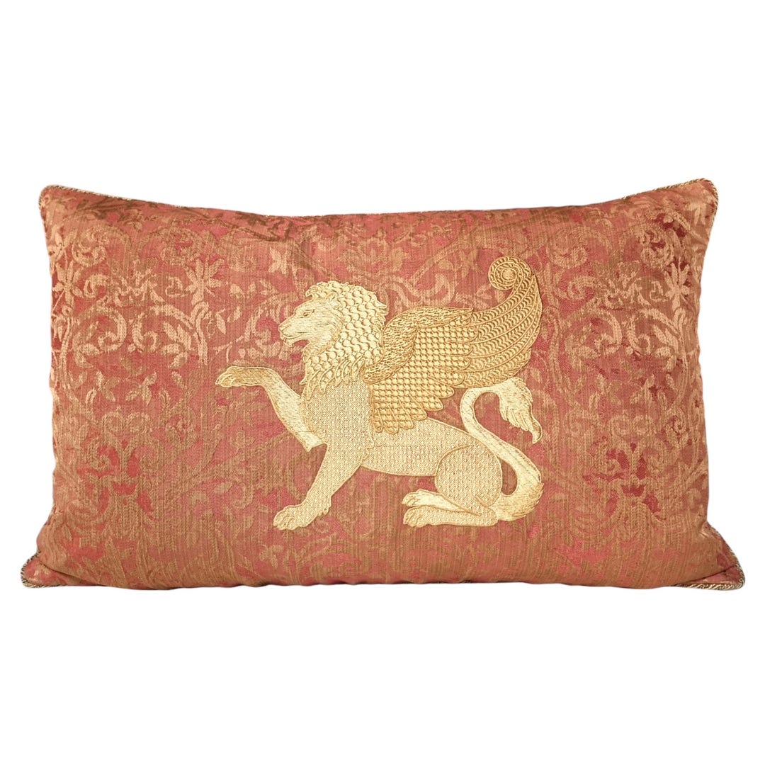 Winged Lion Embroidered Pillow Case Orange Brocade Fabric - Handmade in ...