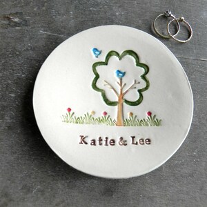 Personalized Tree Wedding Ring Plate, Tree With Blue Birds Ceramic Ring ...