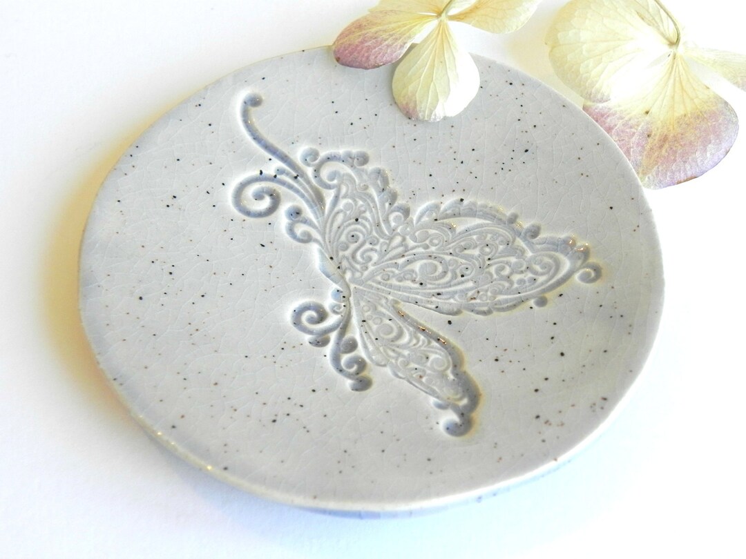 Flying Butterfly Ceramic Plate Blue Dots Pottery Dish Ring Holder - Etsy