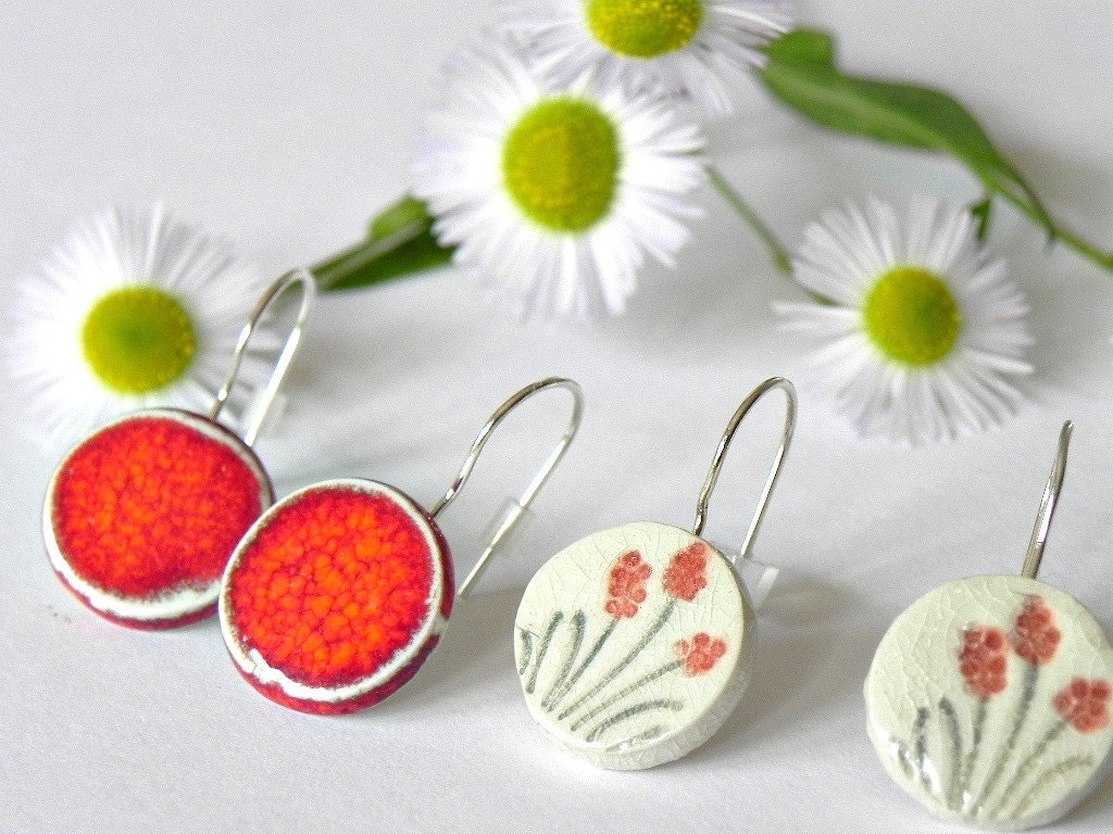 Ceramic Flower Dangle Earrings Round Pottery Red and White - Etsy