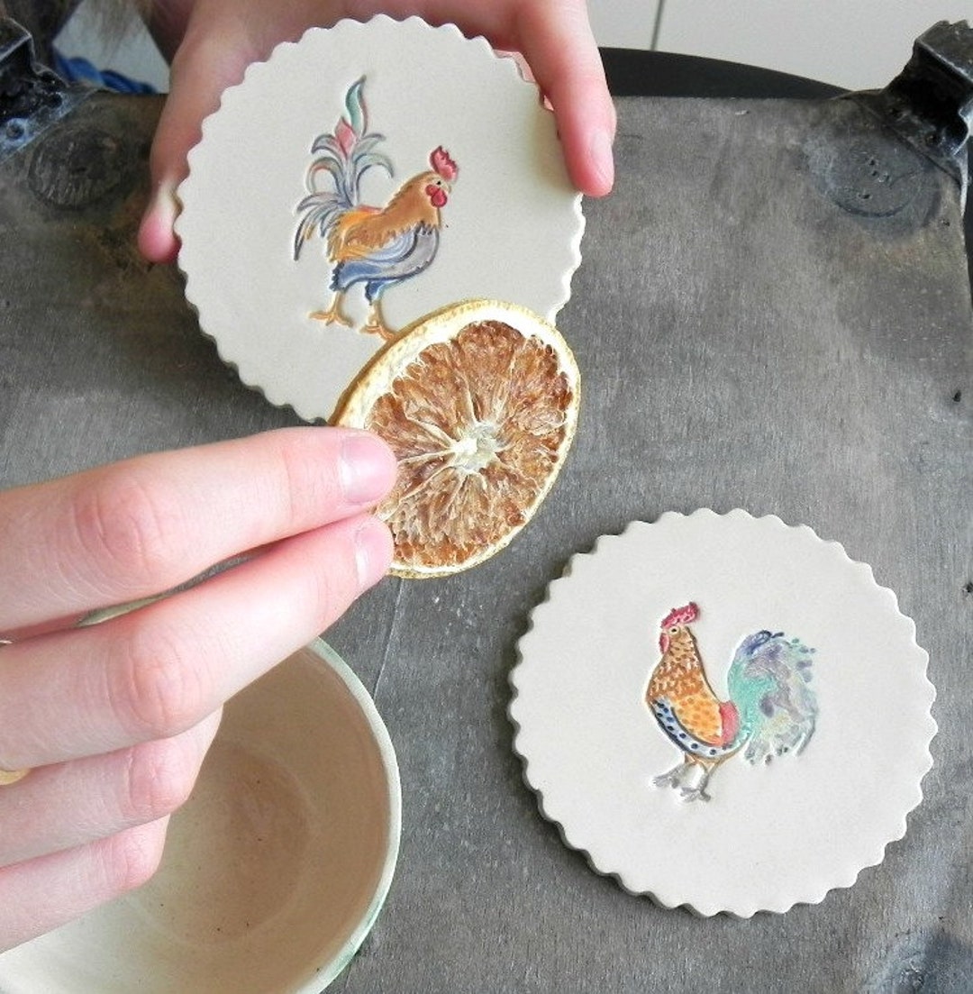 Chicken and Rooster Ceramic Coasters, Easter Kitchen Decoration ...