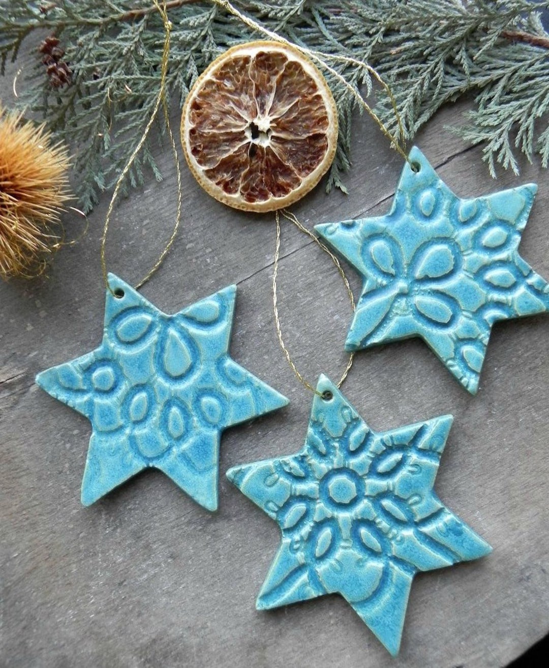 Christmas Stars, 3 Lace Celestial Ornaments, Blue Pottery Gift, Gifts ...