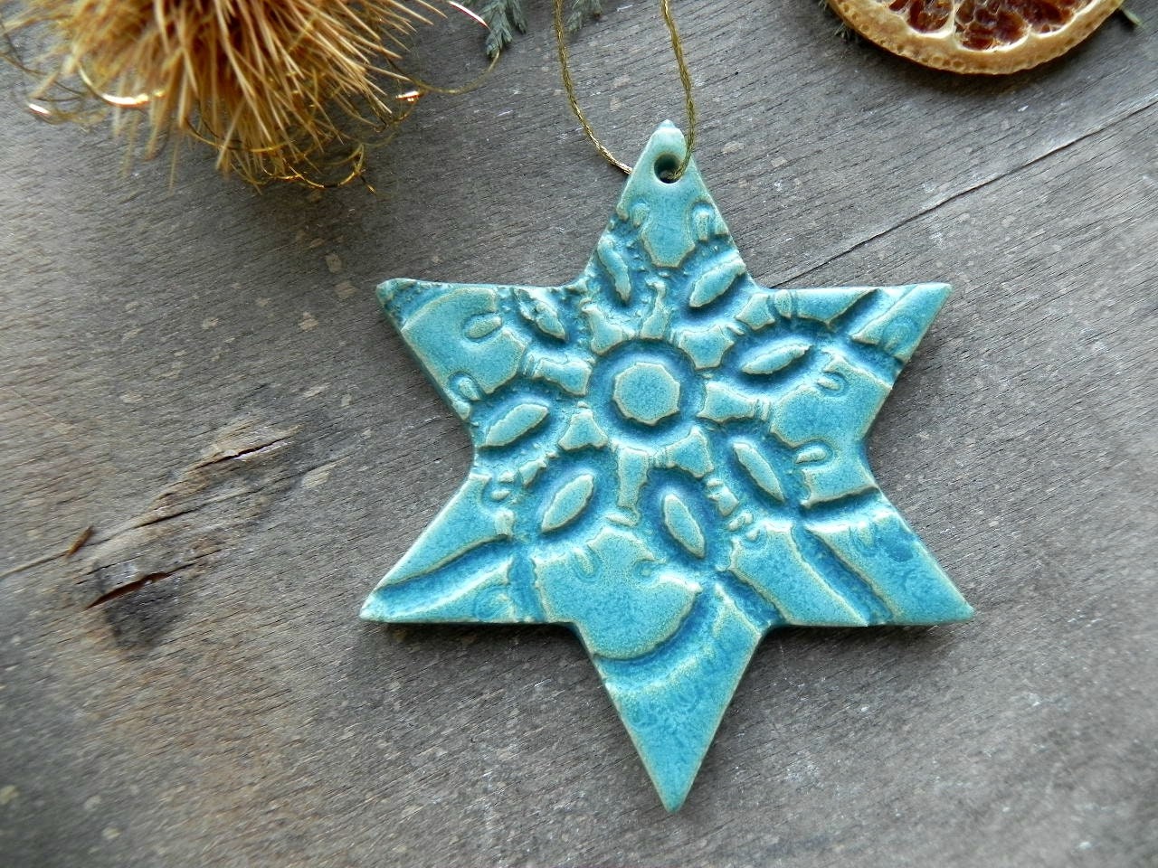 Christmas Stars, 3 Lace Celestial Ornaments, Blue Pottery Gift, Gifts ...