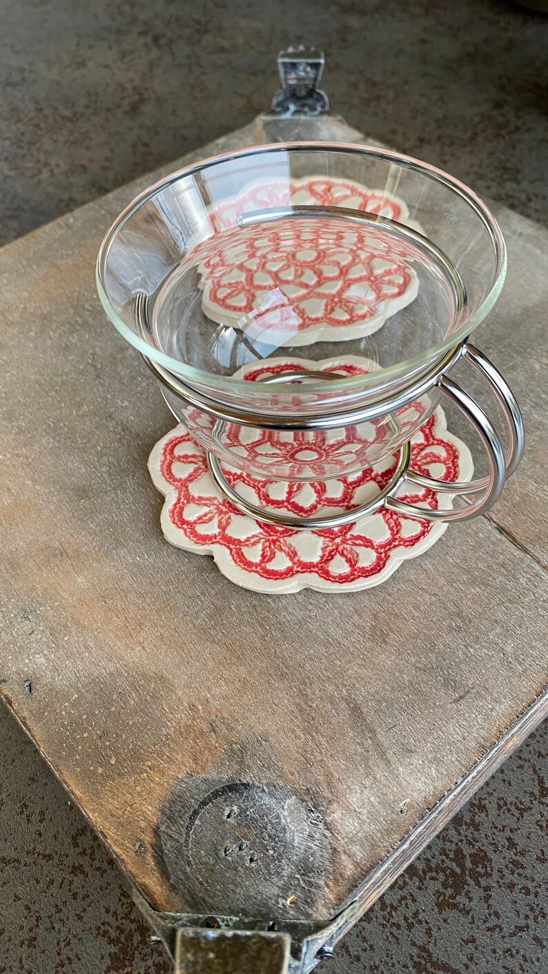 Lace Red Ceramic Coasters Set of 2 | Etsy