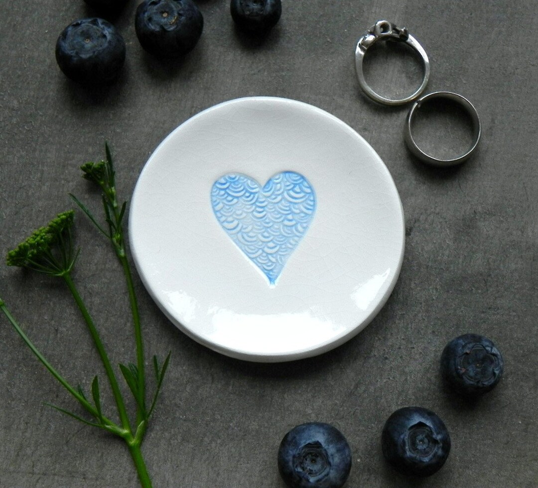 Blue Heart Ceramic Ring Dish, Custom Porcelain Heart Plate, Love White ...