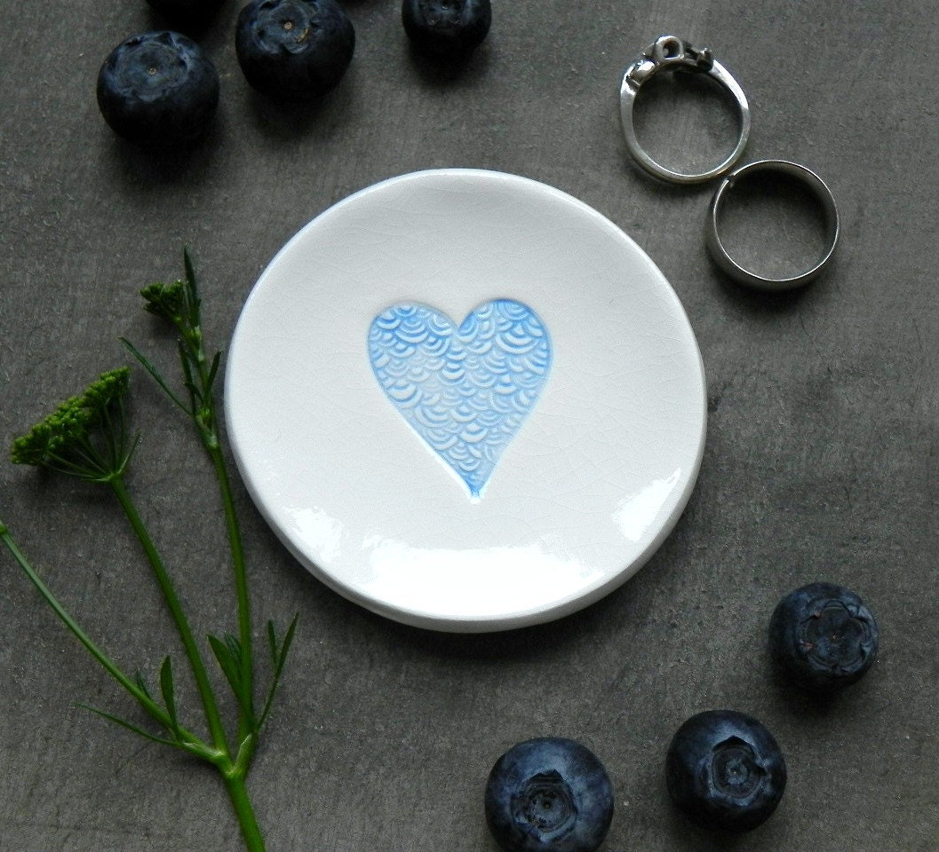 Blue Heart Ceramic Ring Dish, Custom Porcelain Heart Plate, Love White ...