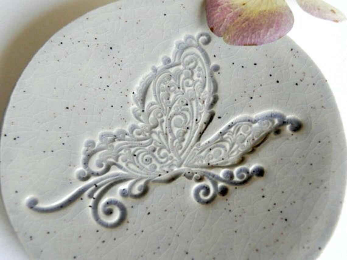 Flying Butterfly Ceramic Plate Blue Dots Pottery Dish Ring Holder - Etsy