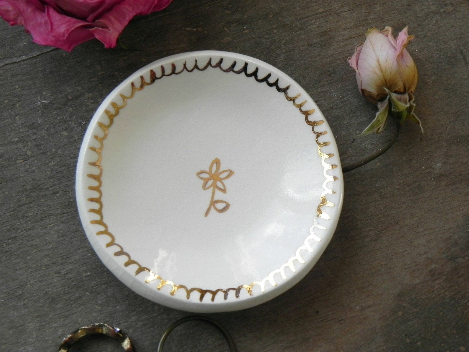 Gold Flower Porcelain Ring Dis, Real Gold Decorated Round Inspirational ...