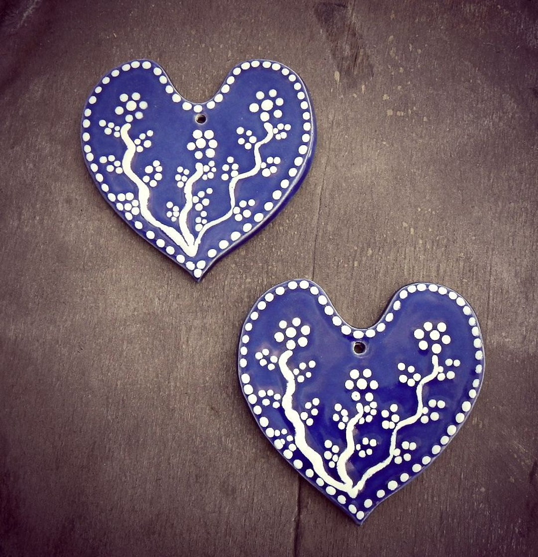 Blue Heart Ceramic Valentines Day Hearts Set of 2 Ornaments Eco ...