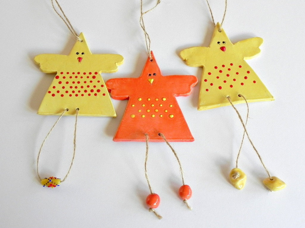 Yellow Chicken Ceramic Ornament Animal Pottery Red Dots Eco - Etsy