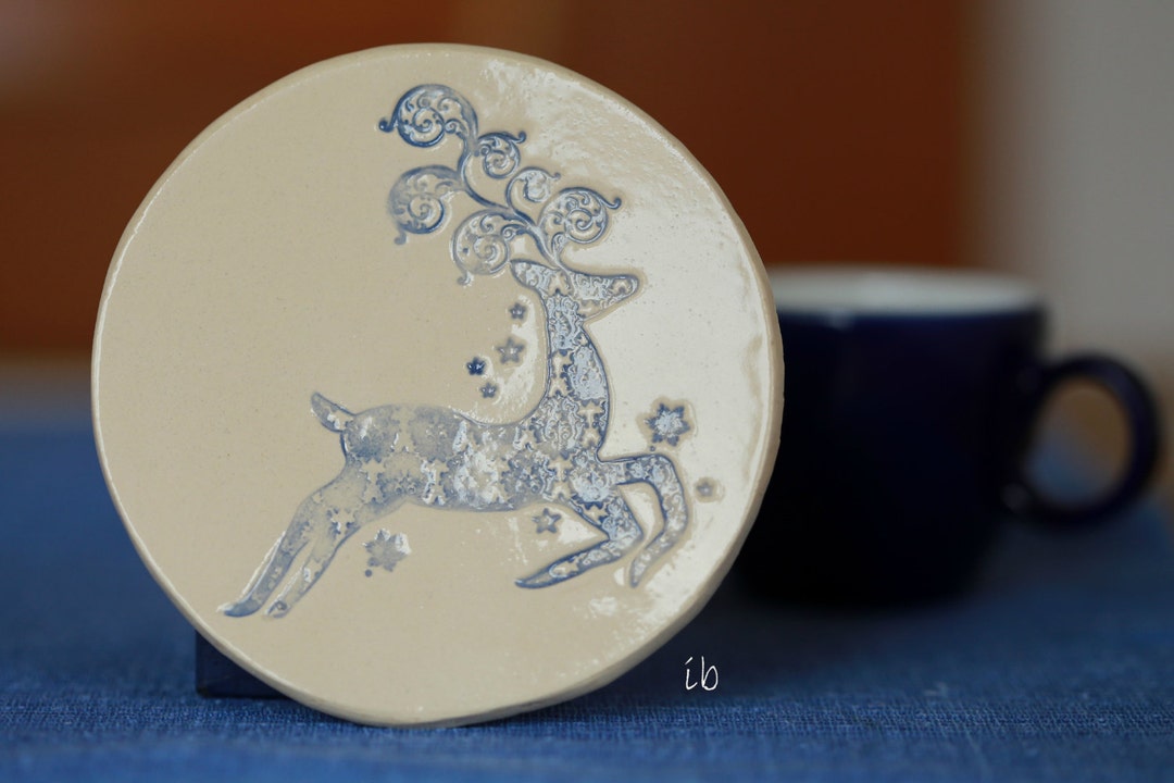 Ceramic Ring Dish Rudolph Plate Blue Holliday Decor Lace Pottery Deer ...