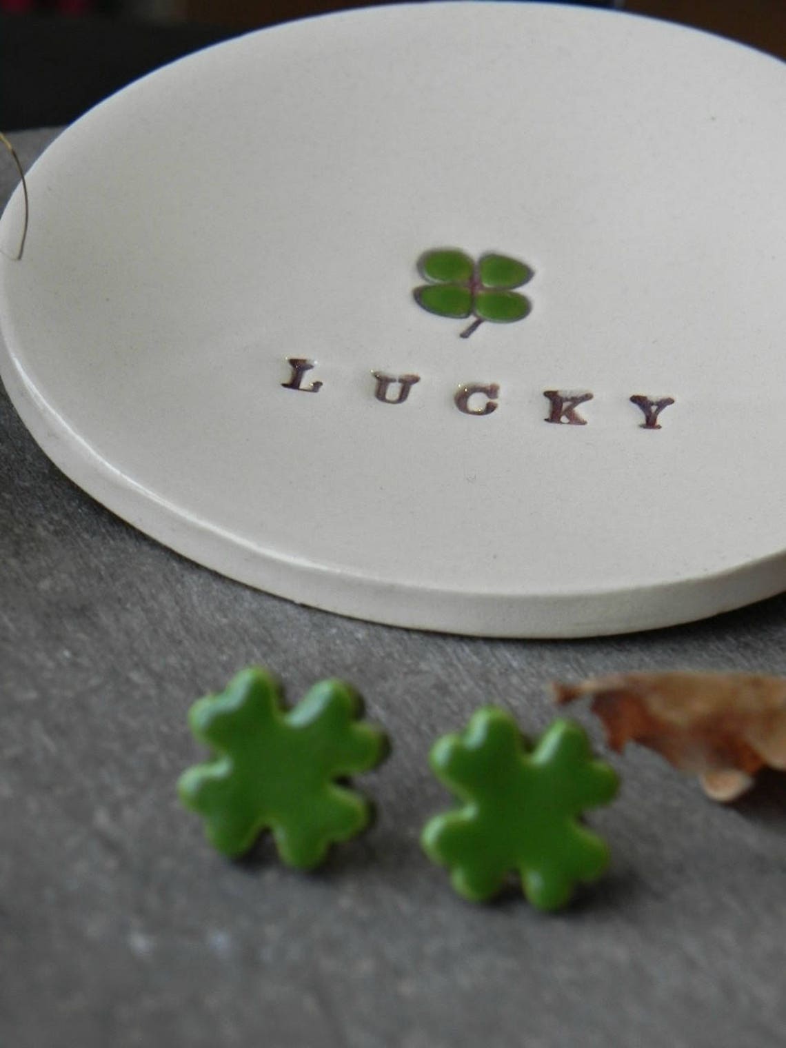 Lucky Clover Pottery Dish With a 4 Leaf Clover Earrings Post | Etsy