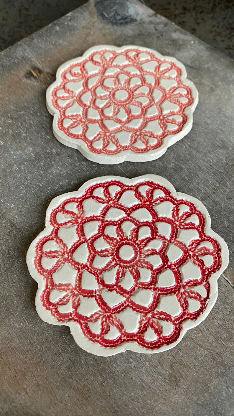 Lace Red Ceramic Coasters Set of 2 | Etsy