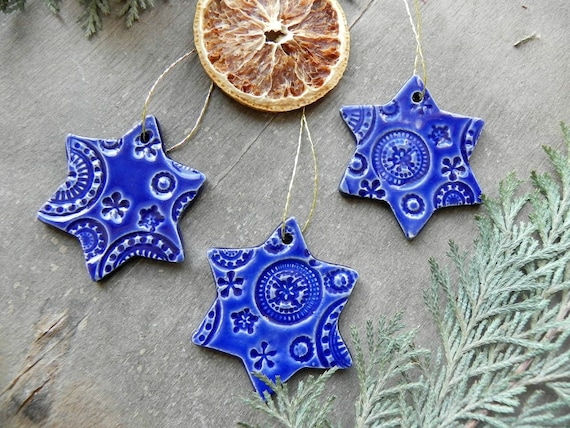 Christmas Ceramic Ornaments Blue Star Lace Pottery Gift X mas Home Decoration Gift 3 Country Holiday Ornaments Star House Decor Etsy UK