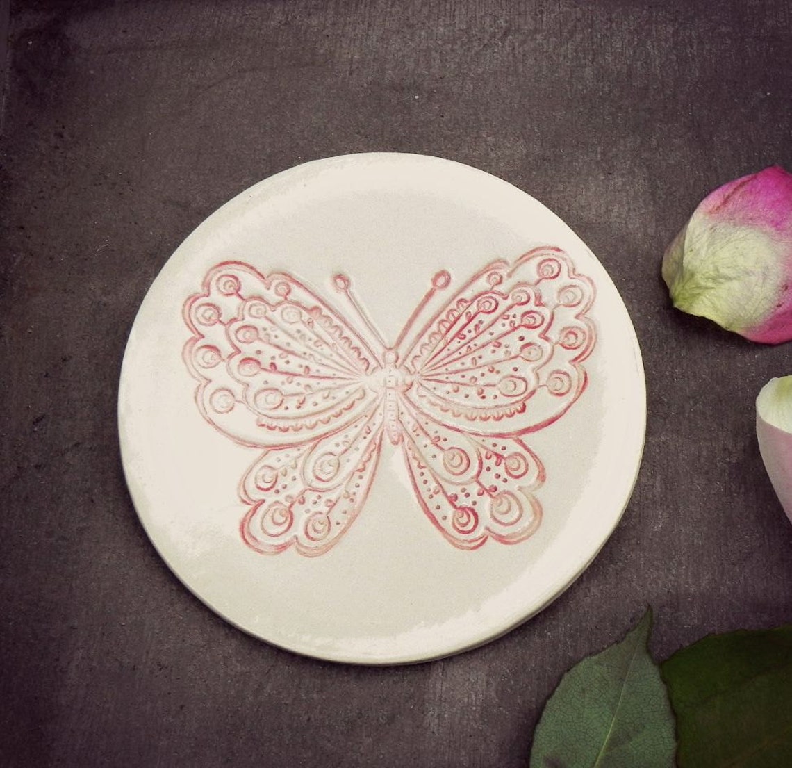 Rustic Butterfly Ceramic Plate White Dish With Red Butterfly - Etsy