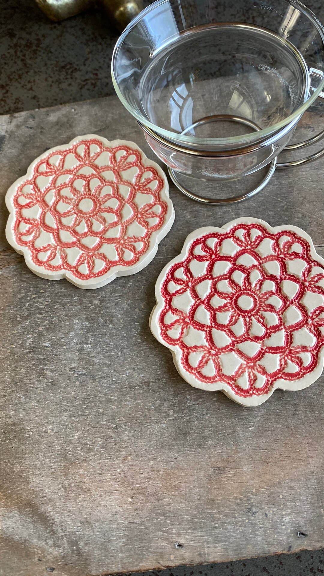 Lace Red Ceramic Coasters, Set of 2 - Etsy