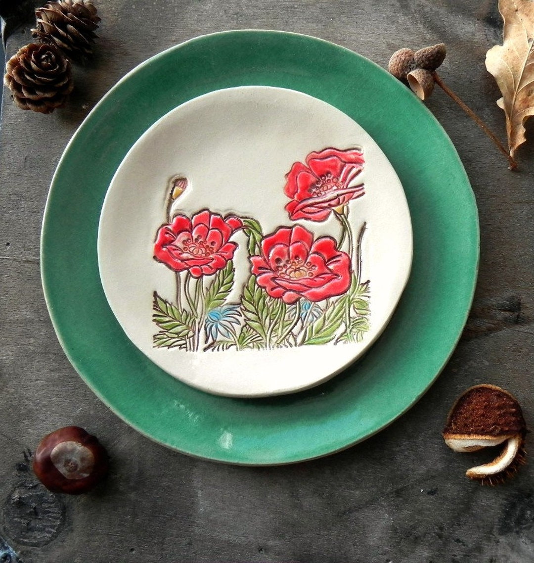 Mom's Gift, Red Poppy and Mint Ceramic Plate, Gardener Gift, 2 Flowery ...