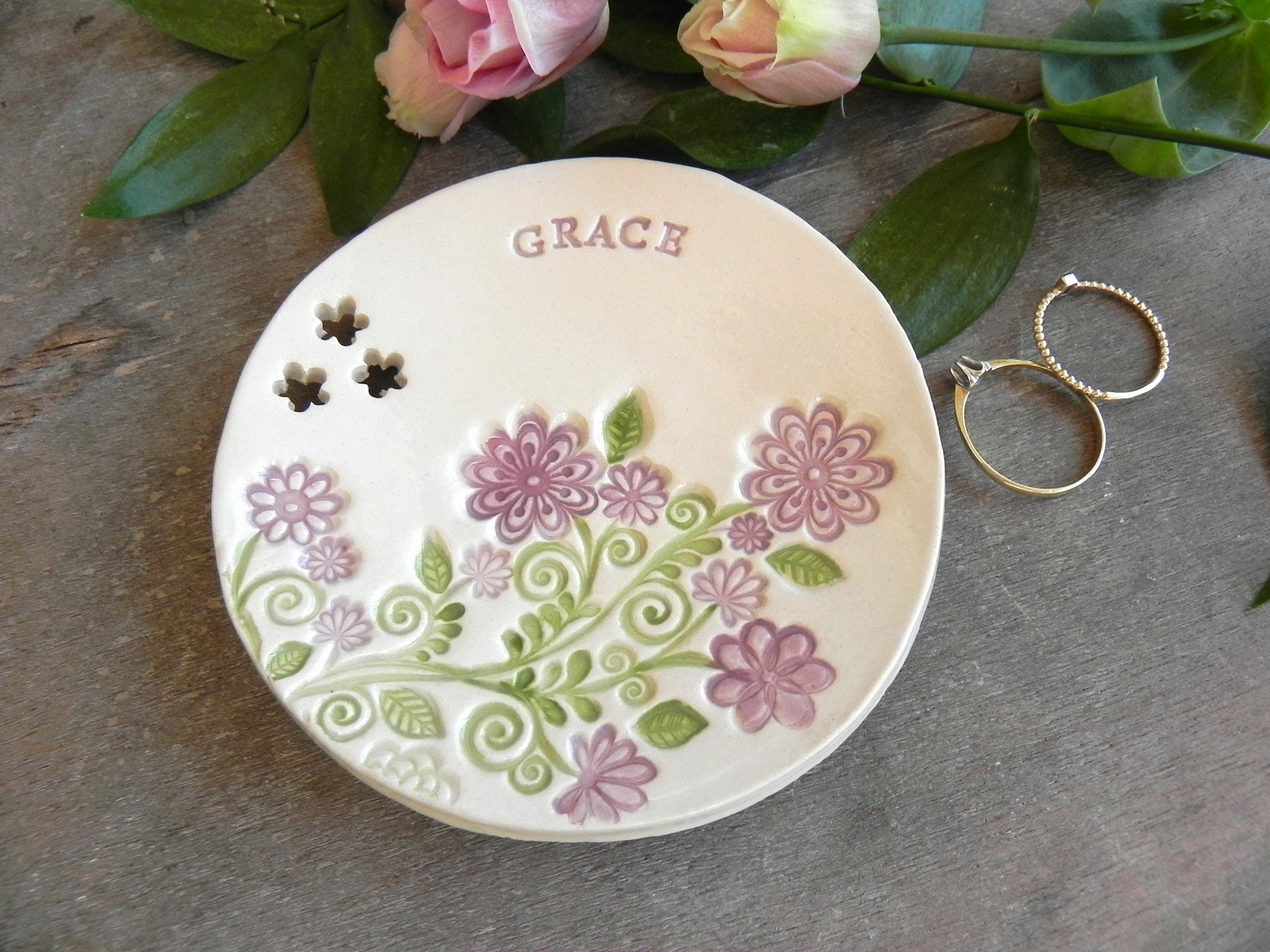 Personalized Flower Handmade Trinket Dish, Bridal Shower Jewelry Dish ...