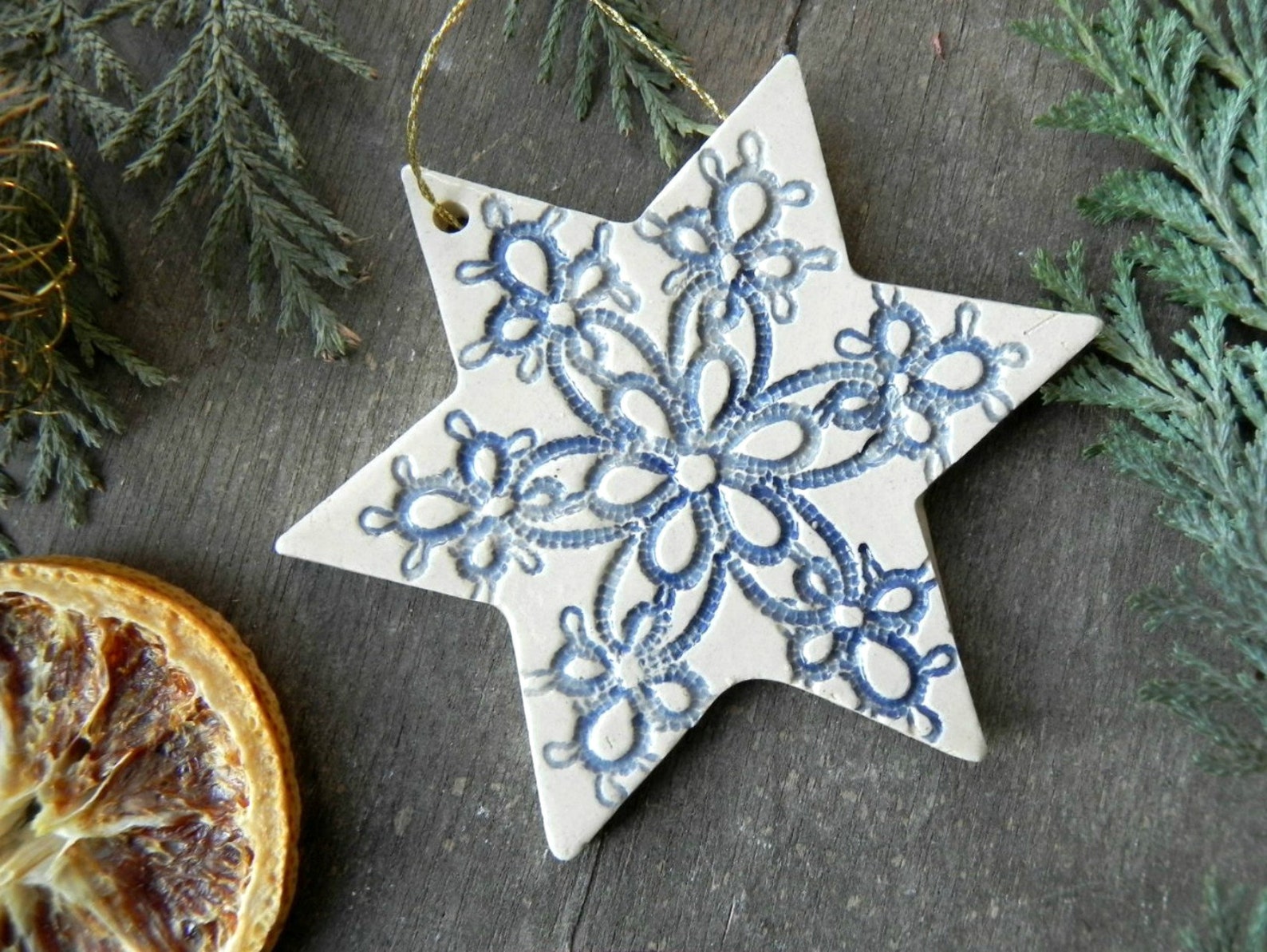 Celestial Christmas Ornaments, a Pair of Blue Lace Star and Circle ...