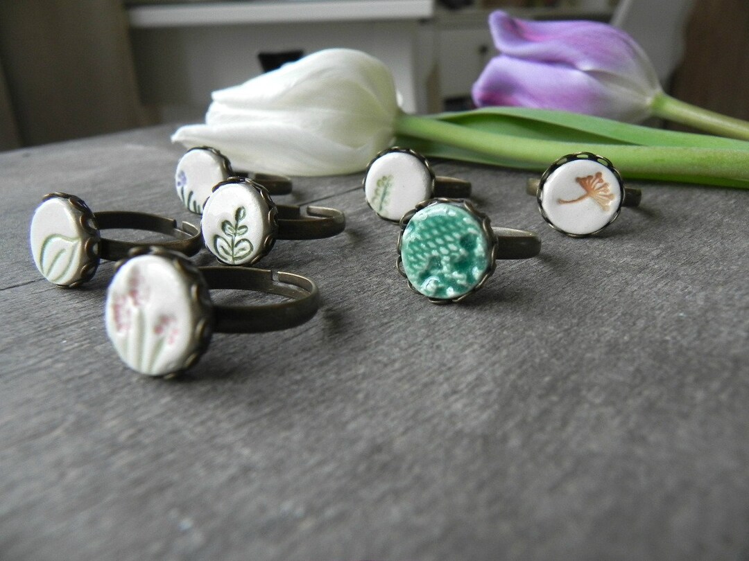 Leaf and Flowers Porcelain Ring, Nature Lovers Ring, Botanical Pottery ...