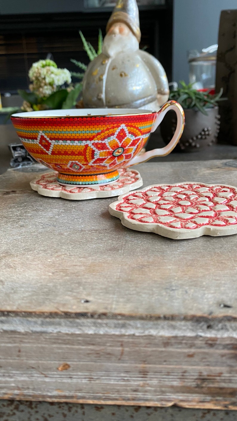Lace Red Ceramic Coasters Set of 2 | Etsy