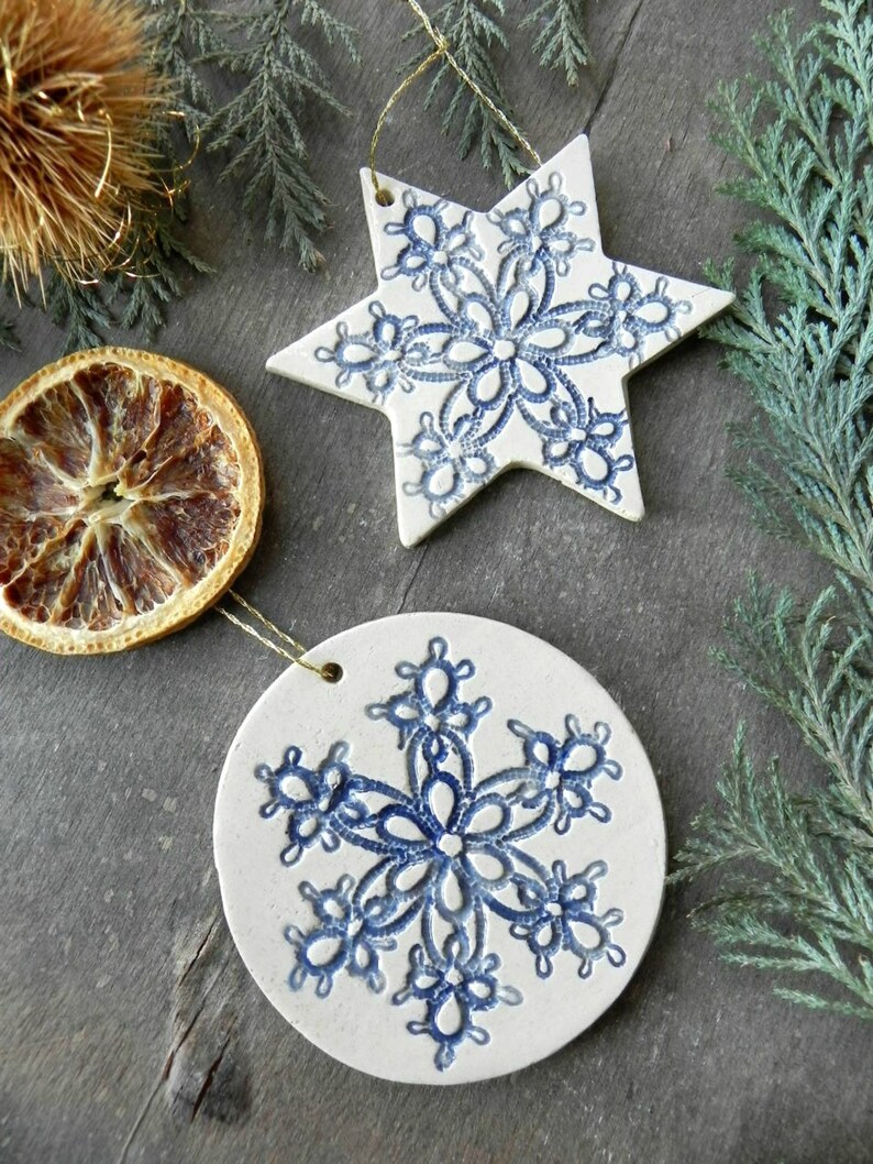 Celestial Christmas Ornaments, a Pair of Blue Lace Star and Circle ...