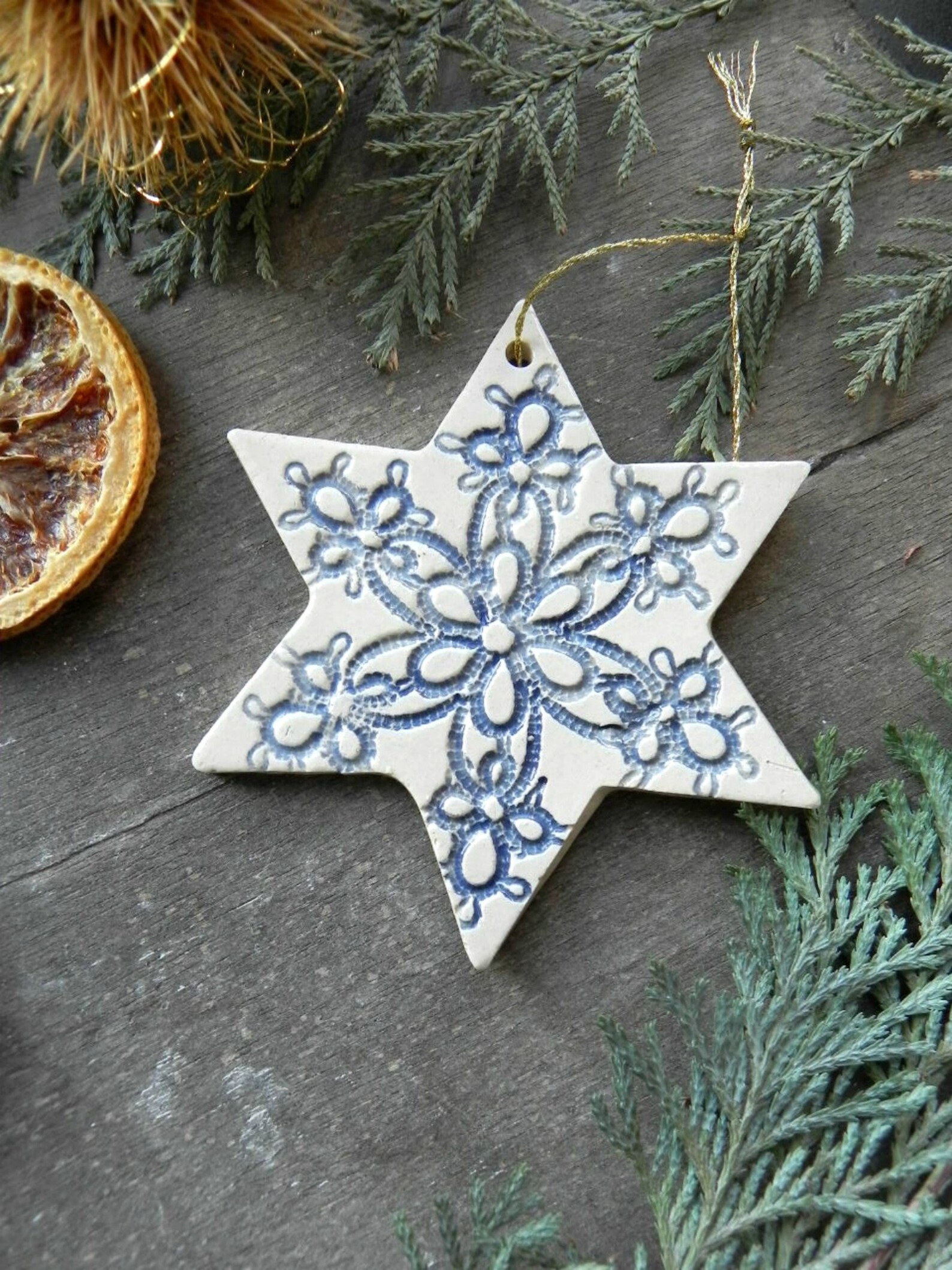 Celestial Christmas Ornaments, a Pair of Blue Lace Star and Circle ...