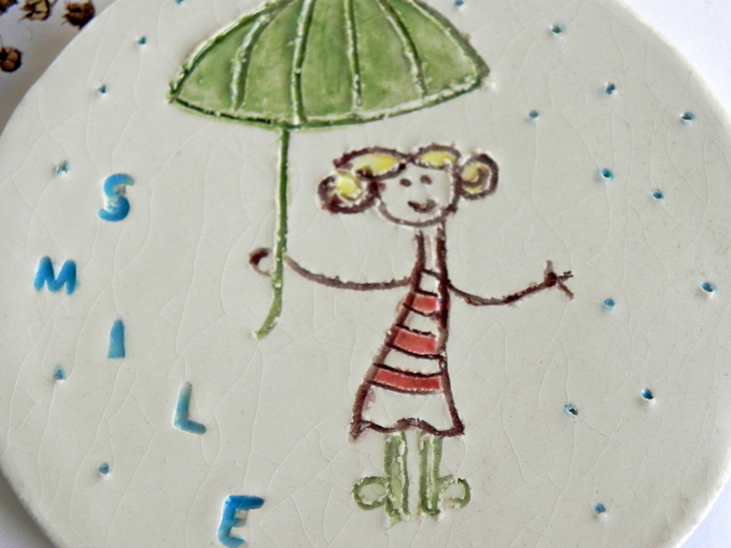 Round Dish Smile Ceramic Plate Umbrella Pottery White Eco | Etsy