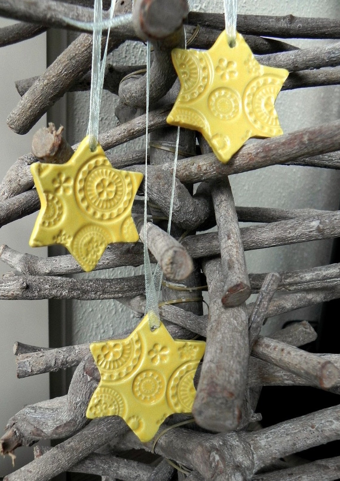 Ceramic Christmas Ornaments, Celestial Holiday Decor, Yellow Star Lace ...